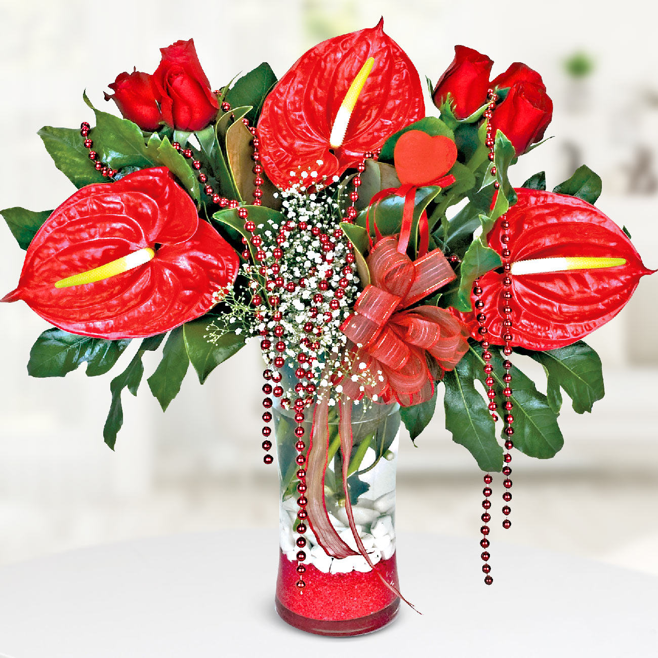 Send flowers Turkey, Red Roses and Anthuriums in Vase from 17USD