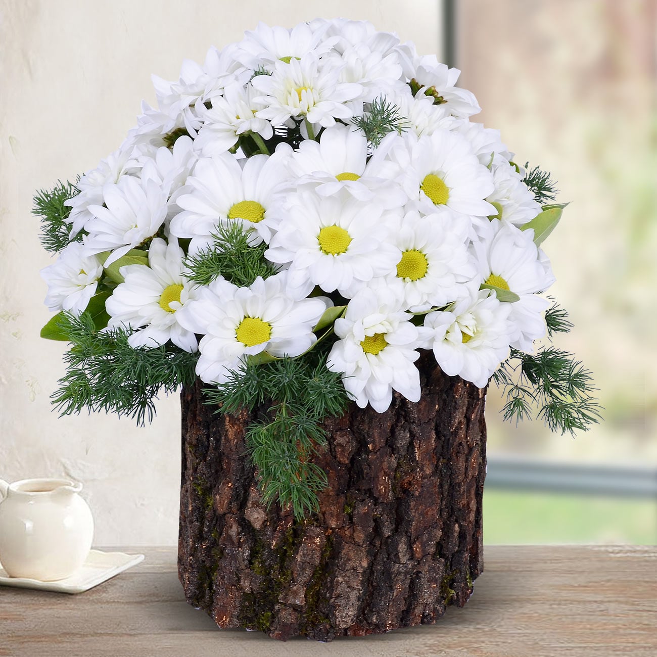 Send flowers Turkey, White Daisy in Natural Log from 8USD